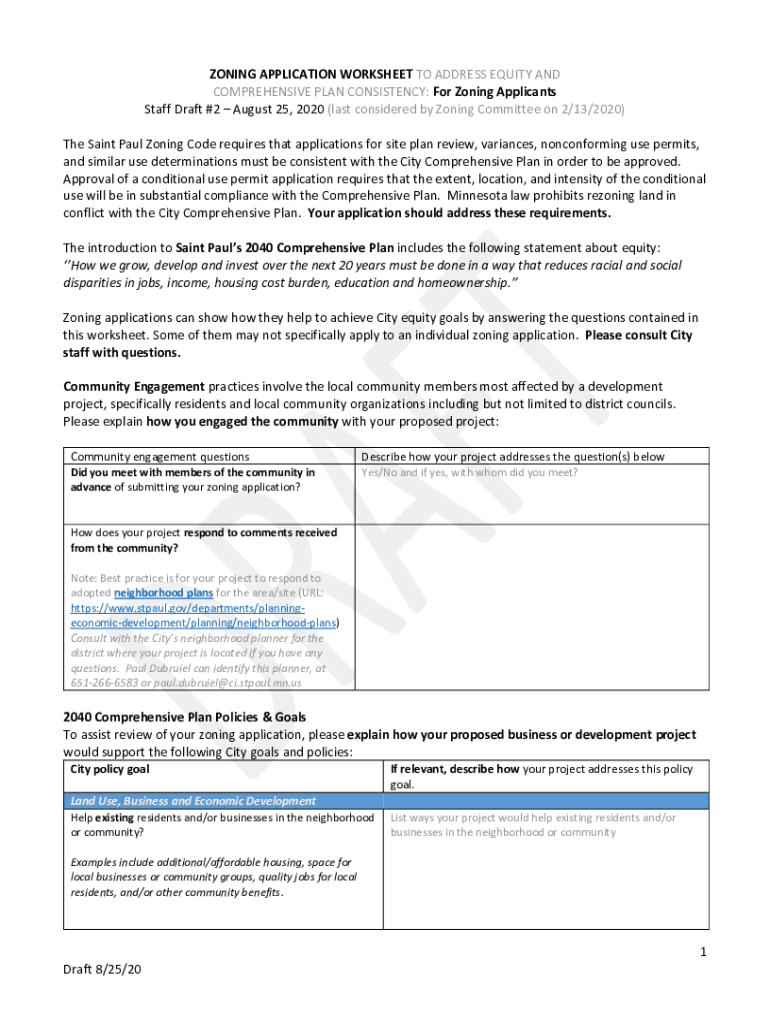 Fillable Online ZONING APPLICATION WORKSHEET TO ADDRESS EQUITY AND ...