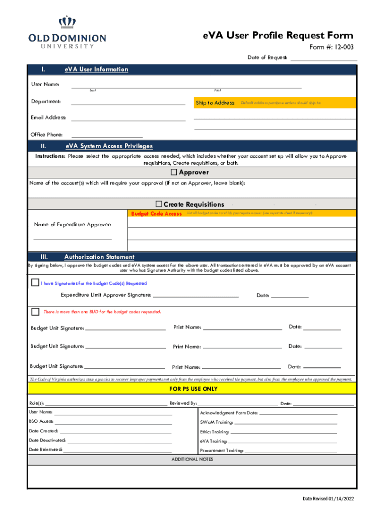Fillable Online eVA User Profile Request Form Fax Email Print - pdfFiller
