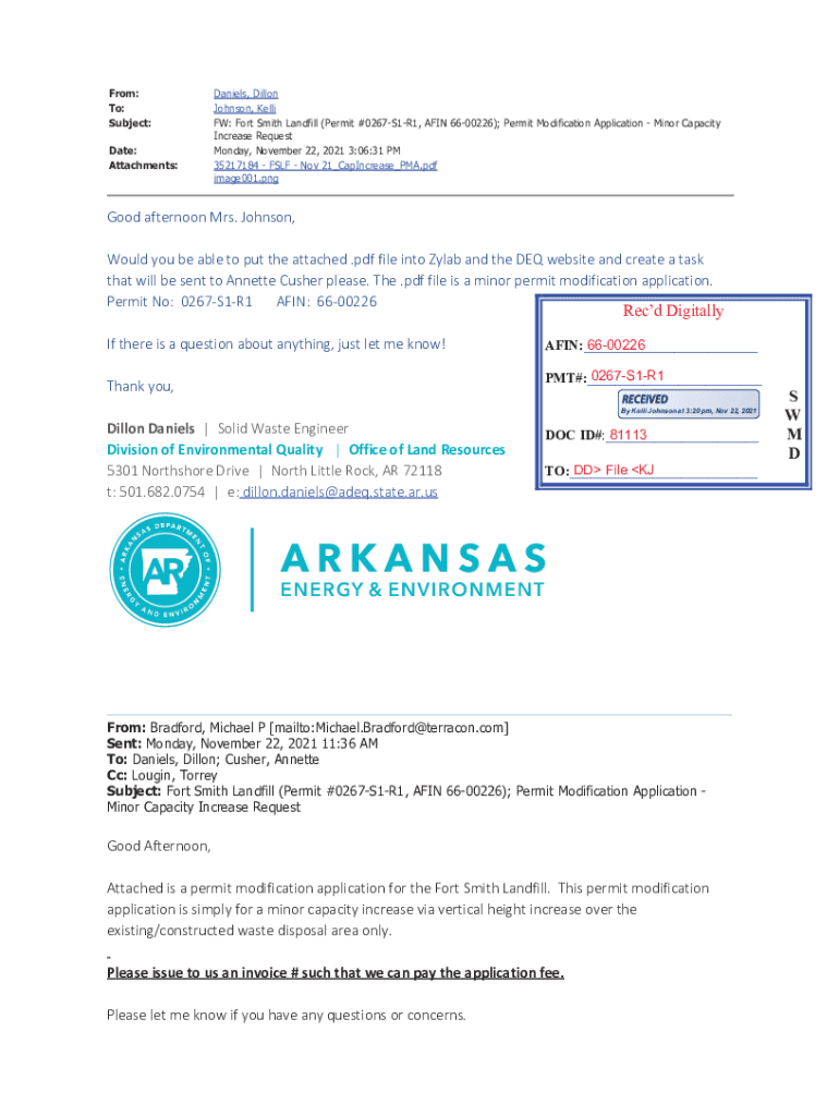 Fillable Online FW Fort Smith Landfill (Permit #0267-S1-R1, AFIN 66-00226); Permit Modification ...