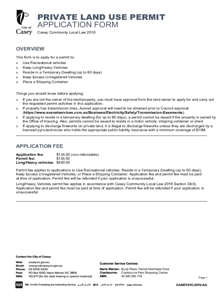 Fillable Online www.casey.vic.gov.ausitesdefaultPRIVATE LAND USE PERMIT ...