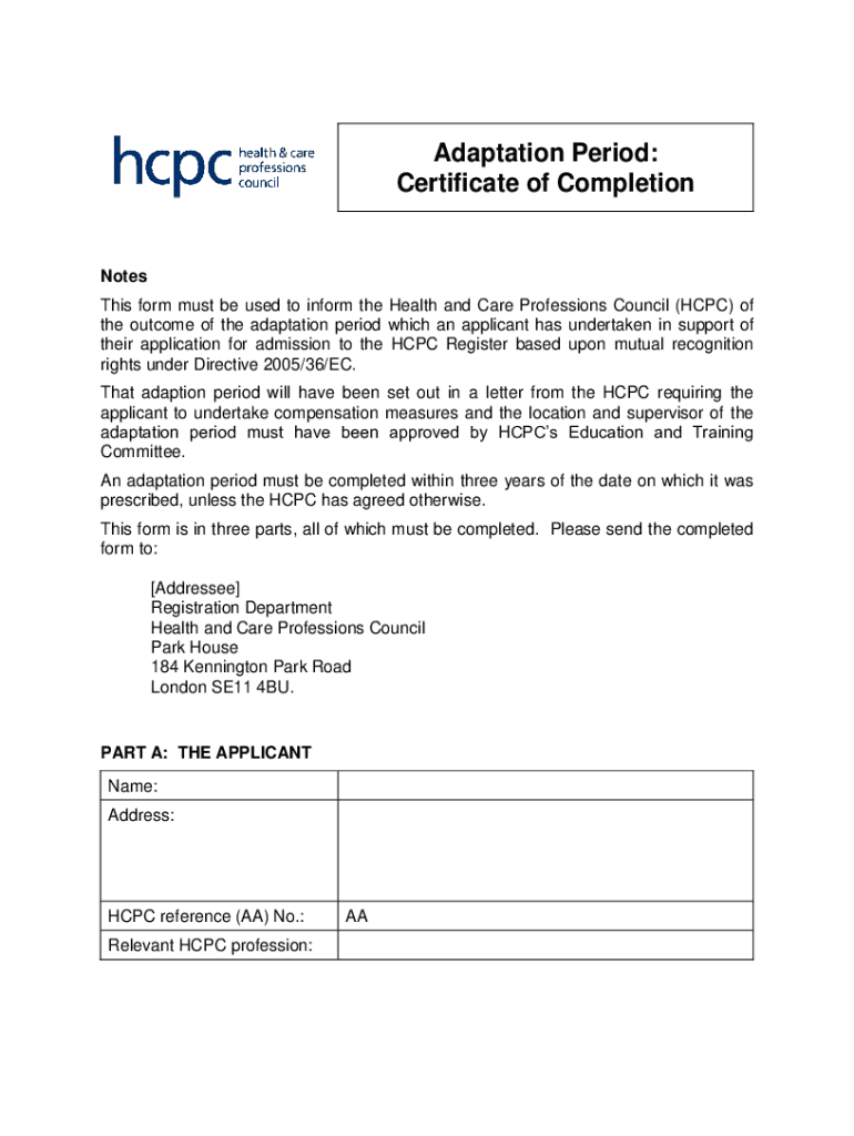 Fillable Online www.hcpc-uk.orgglobalassetsregistrationAdaptation ...