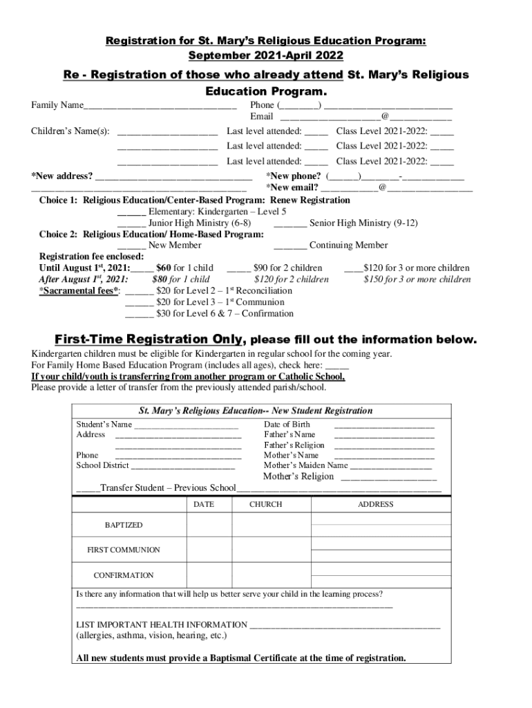 Fillable Online Re - Registration of those who already attend St. Marys Religious Fax Email ...