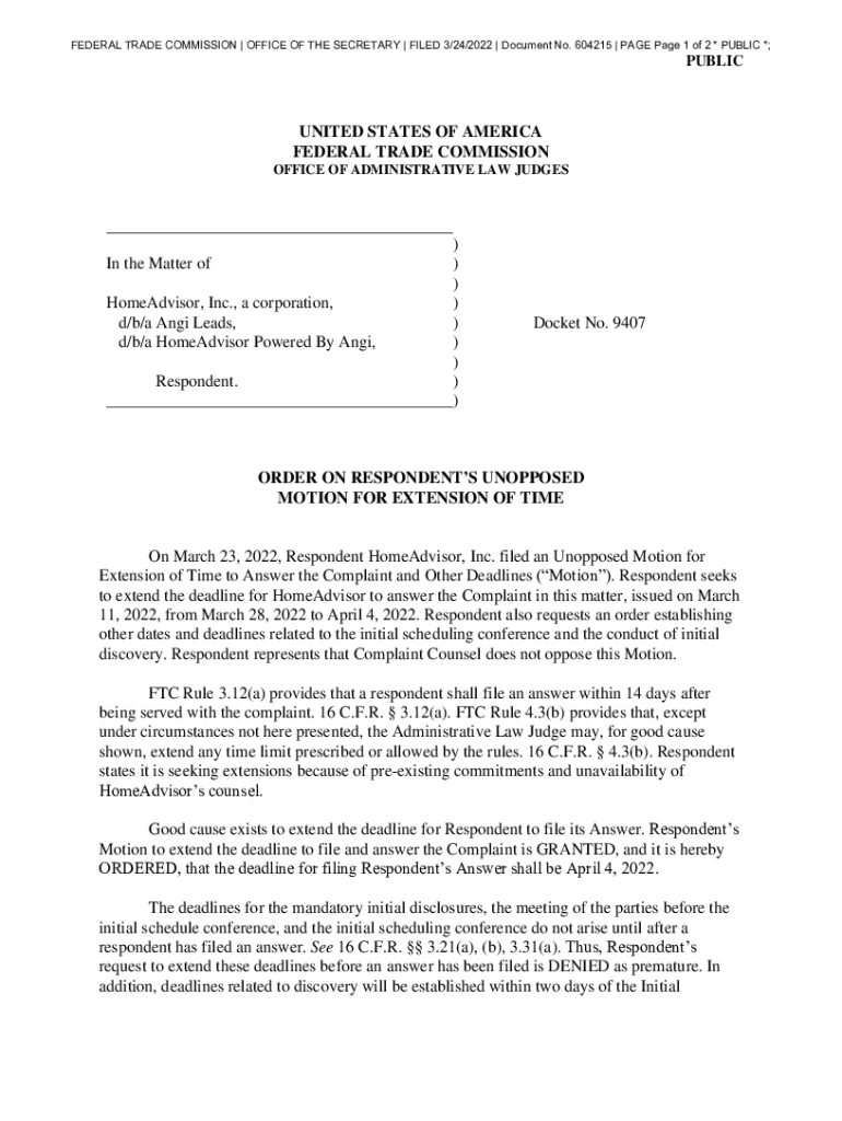 Fillable Online ORDER ON RESPONDENTS UNOPPOSED MOTION FOR EXTENSION OF TIME Fax Email Print ...