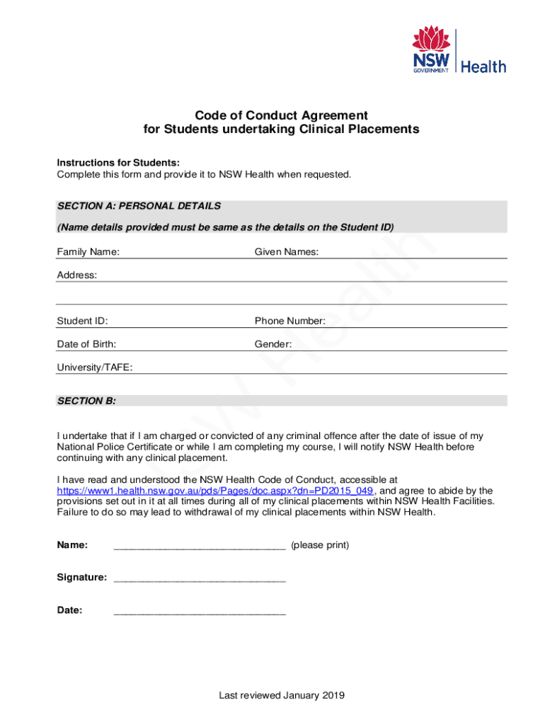 Fillable Online Code of Conduct Agreement for Students undertaking ...