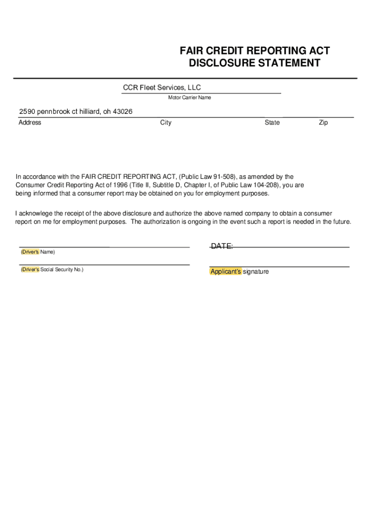 Fillable Online fair credit reporting act disclosure statement Fax Email Print - pdfFiller