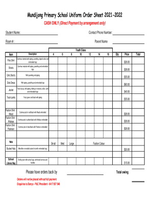 Fillable Online mundijongps wa edu Uniform Order Sheet.xls Fax Email ...