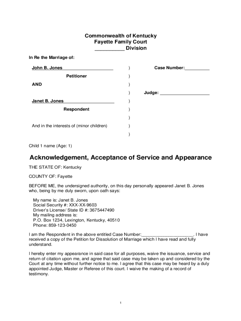 Fillable Online Kentucky Acknowledgement, Acceptance of Service and ...