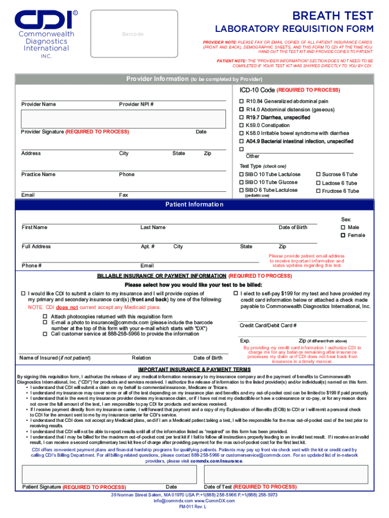 Fillable Online FM-011 Rev L Breath Test Laboroatory Requisition Form ...