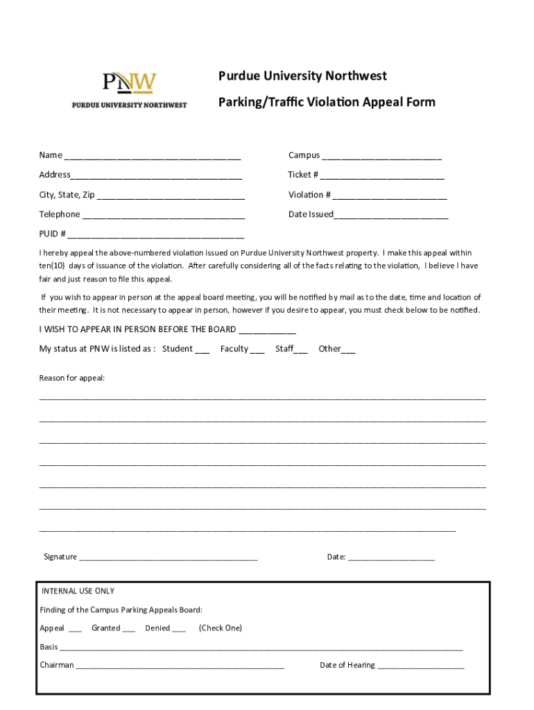 Fillable Online Parking/Traffic Violation Appeal Form Fax Email Print ...