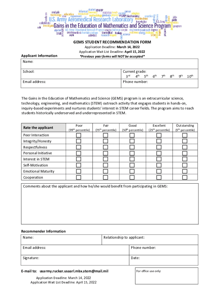Fillable Online 2022 GEMS Student Recommendation Form - United States ...