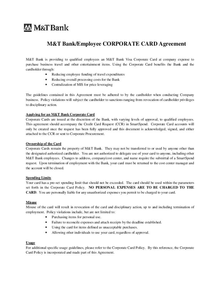 Fillable Online Edit Version Corporate Card Agreement - Updated 7 14 14 ...