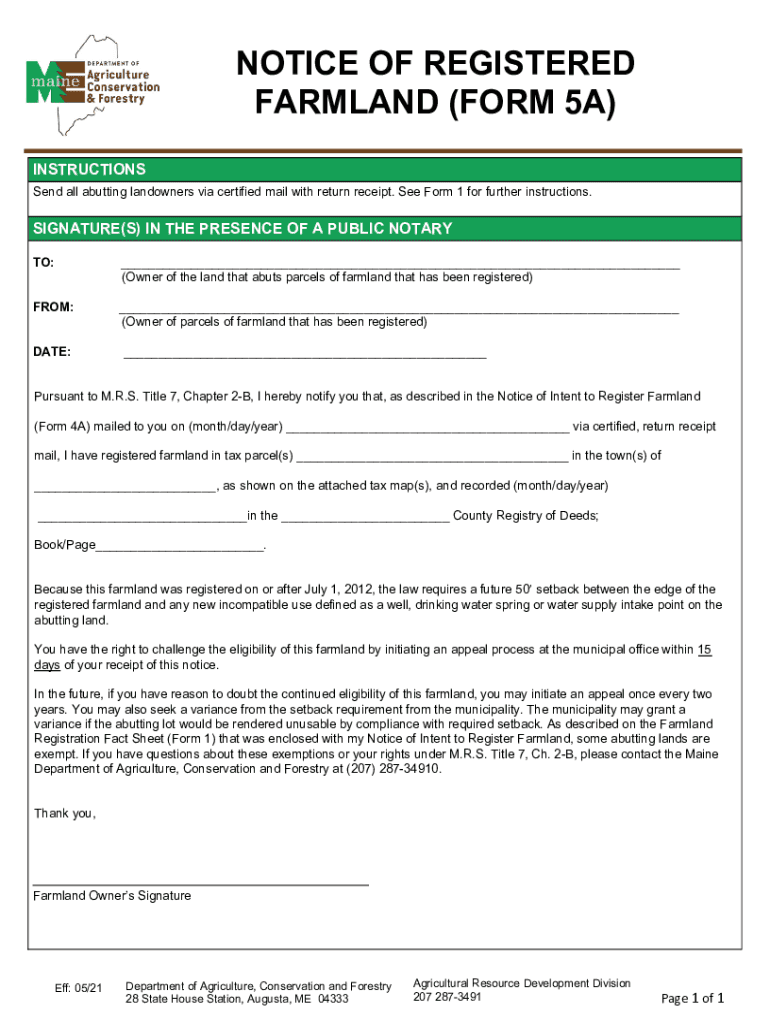 Fillable Online NOTICE OF REGISTERED FARMLAND (FORM 5A)Maine.gov Fax ...