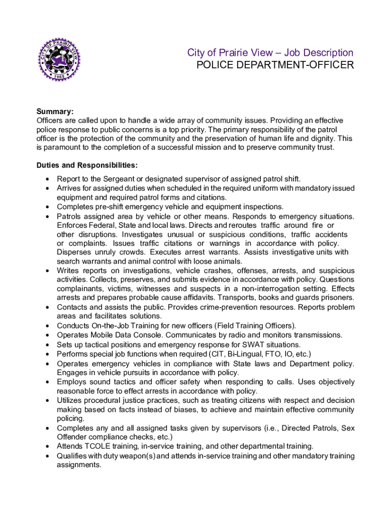 Fillable Online Job Description POLICE DEPARTMENT ... - City of Prairie ...