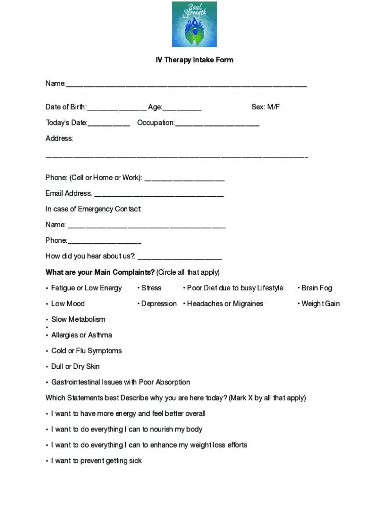 Fillable Online IV THERAPY INTAKE FORM Fax Email Print - pdfFiller