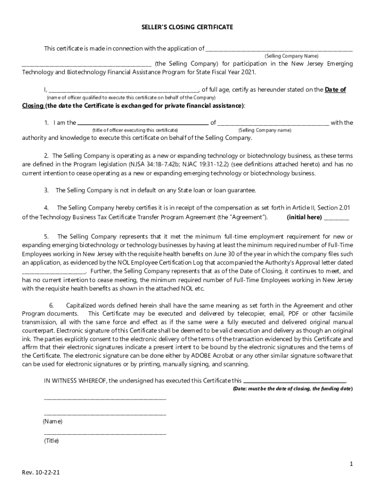 Fillable Online www.lawinsider.comsellers-closing-certificateSellers ...