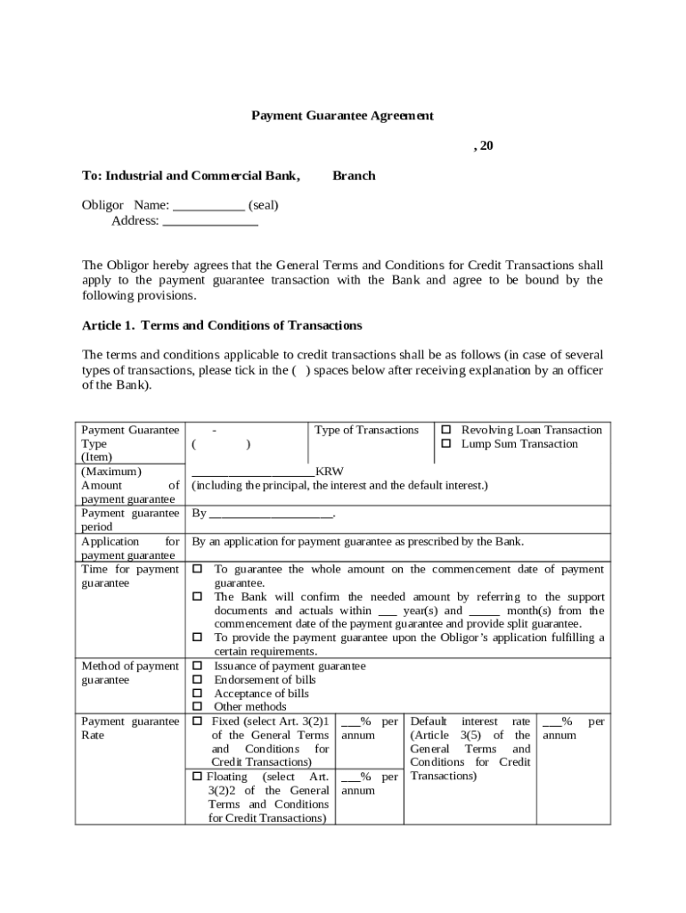 Payment Guarantee Agreement - Industrial and Commercial Bank of China Doc Template | pdfFiller