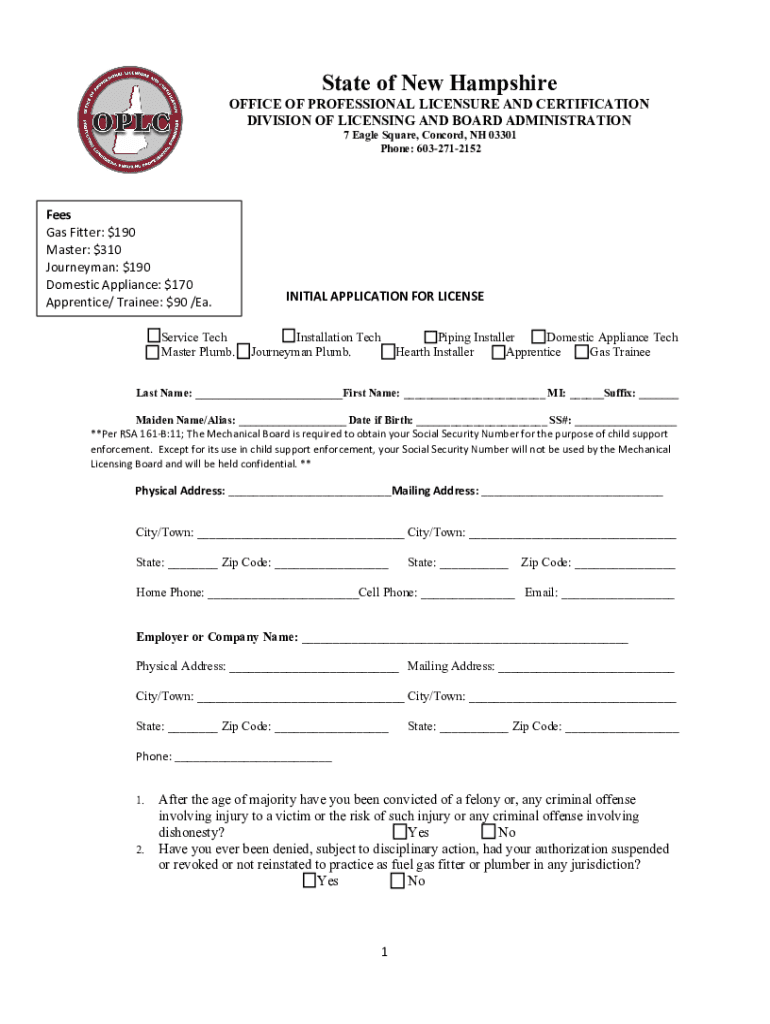 Fillable Online www.oplc.nh.govsitesgAPPRENTICE / TRAINEE APPLICATION ...