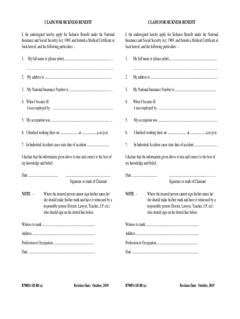 Fillable Online Sickness Benefits - Social SecuritySickness Benefits ...