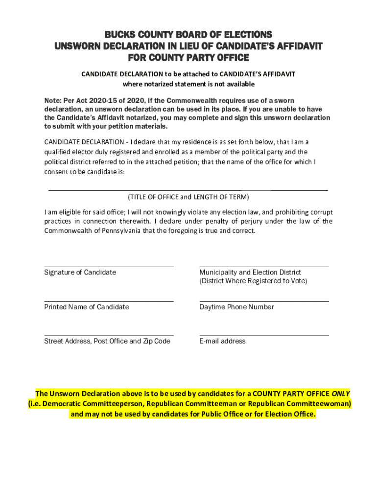 Fillable Online Unsworn Declaration In Lieu Of Sworn Statement Forcampaign Financebucks County