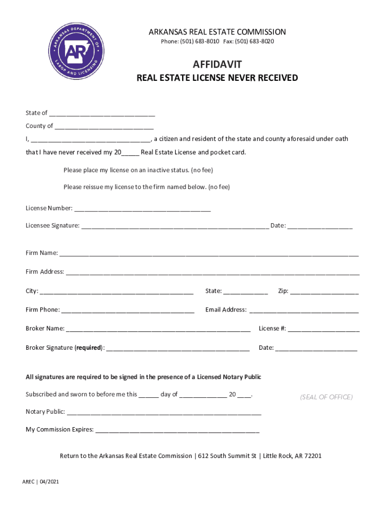 Fillable Online arec arkansas www.ark.orgarecrenewalsindexArkansas Real Estate Commission Agent ...