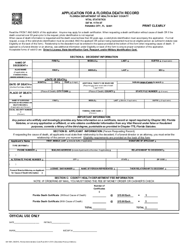 Fillable Online Certificates Florida Department of HealthCertificates ...