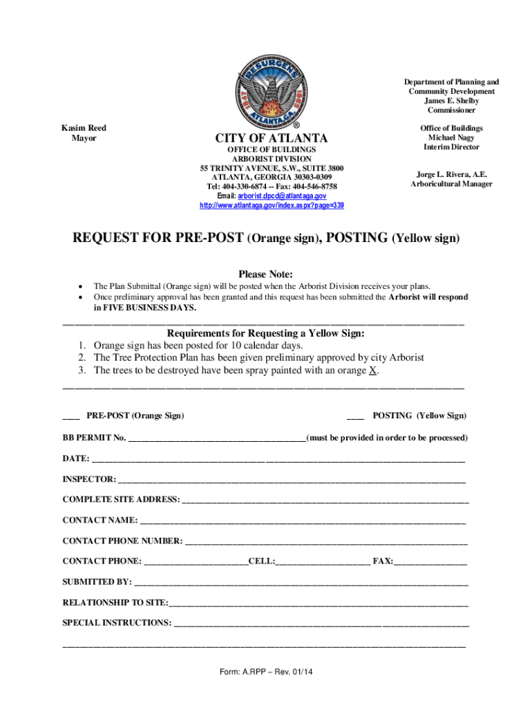 Fillable Online REQUEST FOR PRE-POST (Orange sign), POSTING (Yellow sign) Fax Email Print ...