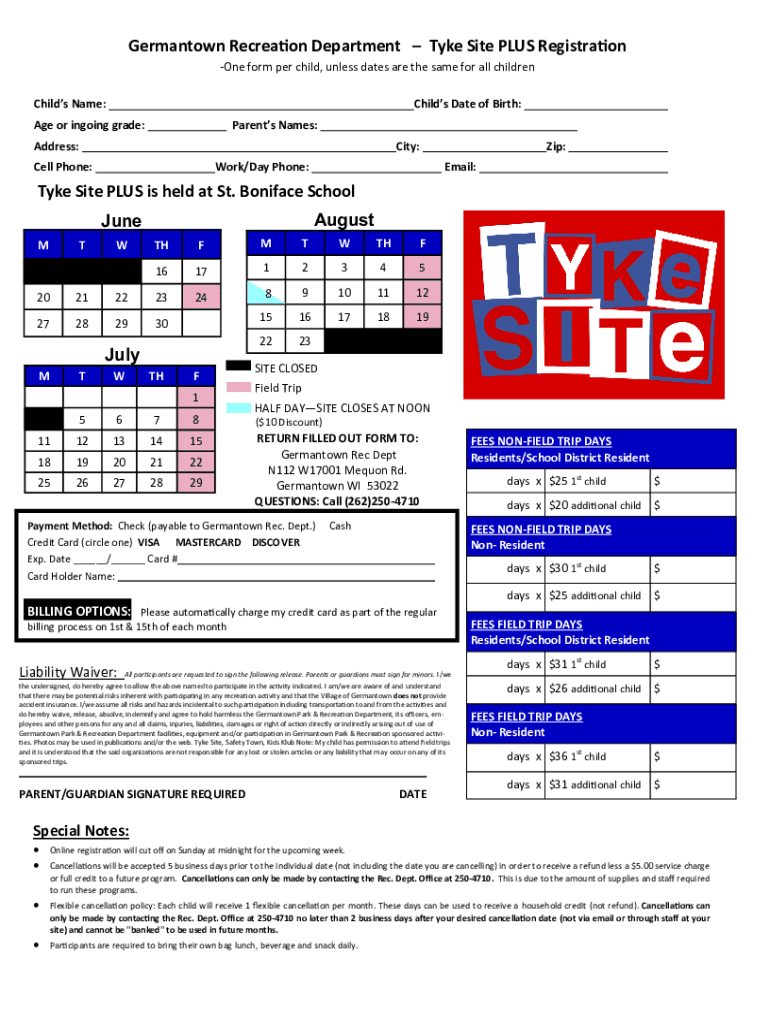 Fillable Online July June August Germantown Recreation Department Tyke Site ... Fax Email Print ...