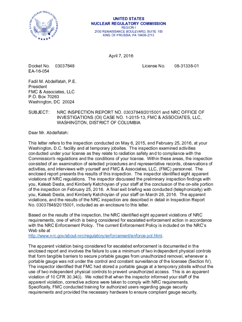 Fillable Online PDF NRC Inspection No. 03037848/2018001 and Notice of Violation. Fax Email Print ...