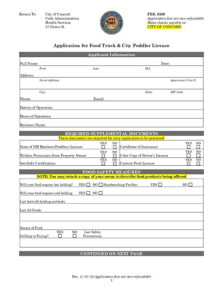 Fillable Online Application for Food Truck & City Peddler License Fax ...