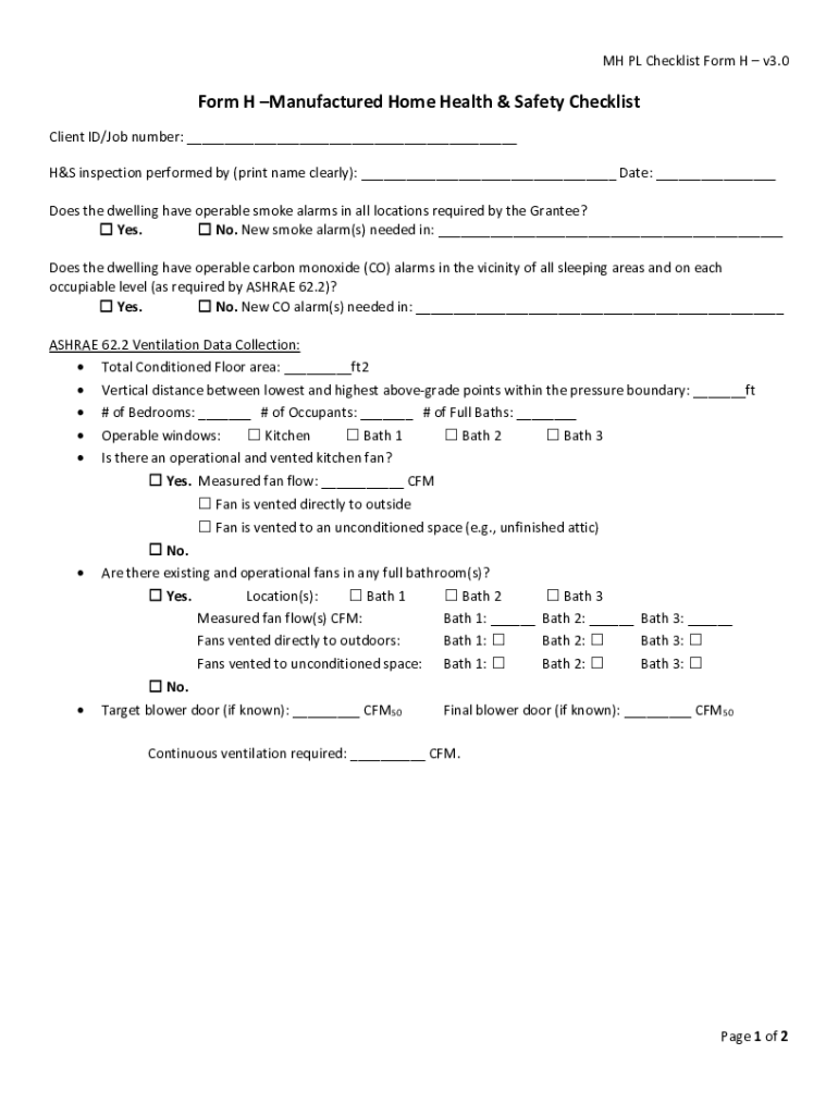 Fillable Online Form HManufactured Home Health & Safety Checklist Fax ...