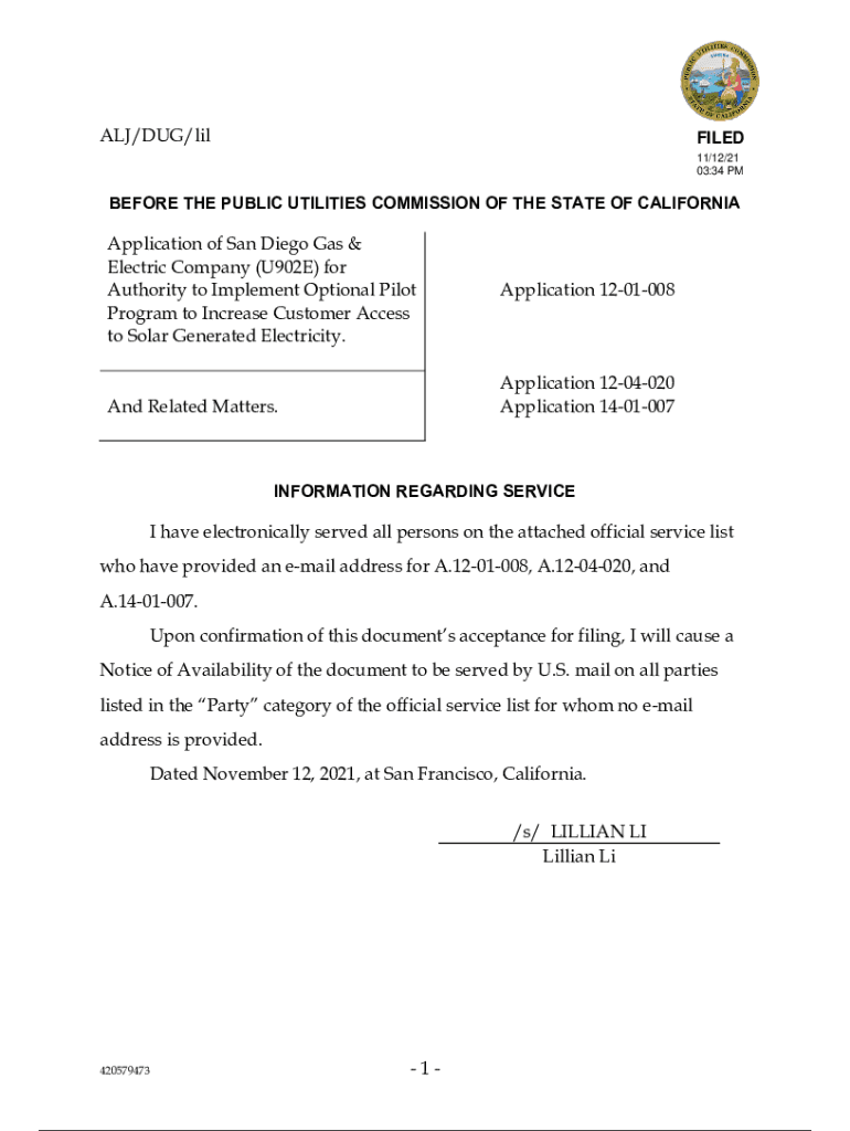 Fillable Online docs cpuc ca - 1 - ALJ/DUG/lil Application of San Diego ...
