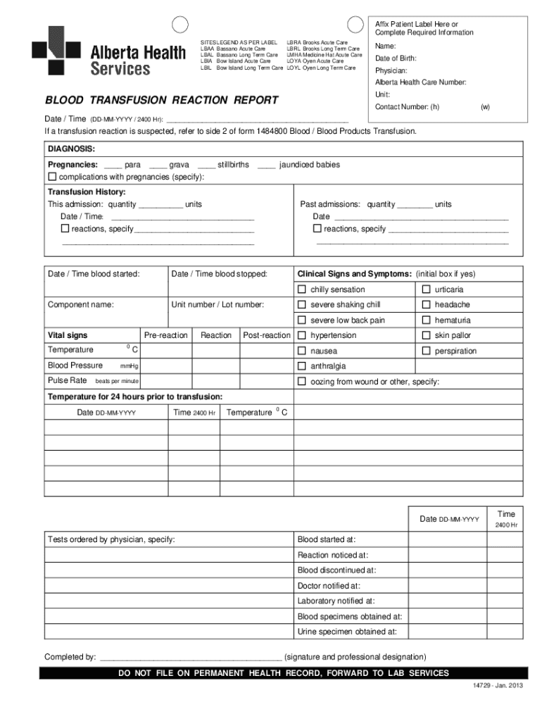Fillable Online BLOOD TRANSFUSION REACTION REPORT - Alberta Health ...