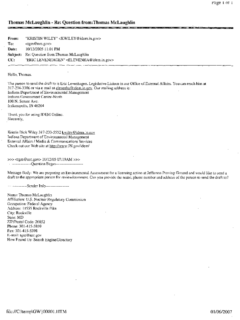 Fillable Online E-mail From Kristin Willey to Thomas McLaughlin Identifying Eric Levenhagen ...