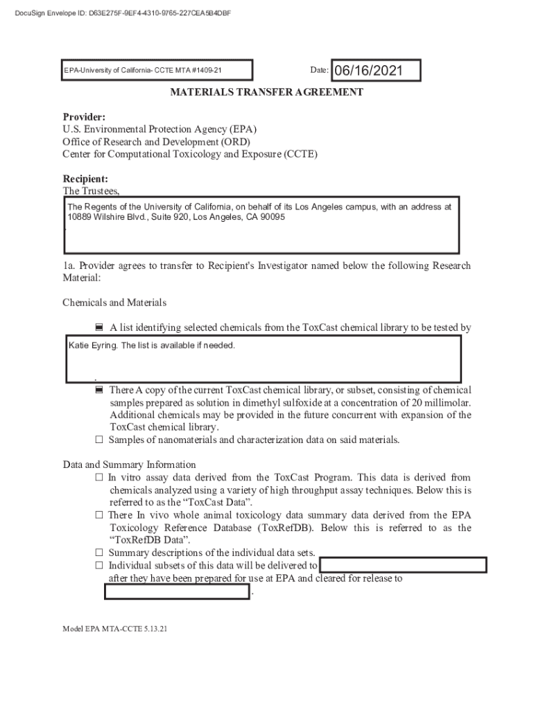 Fillable Online www.epa.govmodel-fillable-mta-ccte-10MATERIALS TRANSFER ...