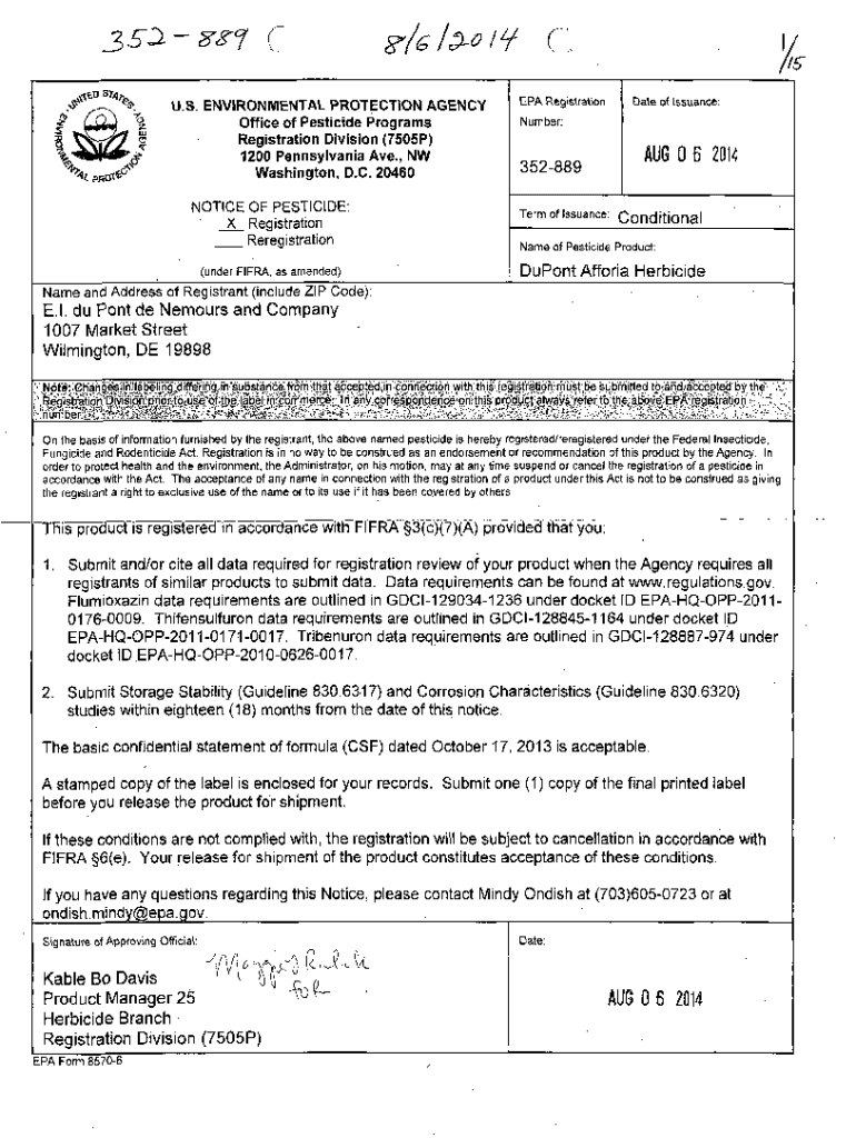 Fillable Online US EPA, Pesticide Product Label, DUPONT AFFORIA ...