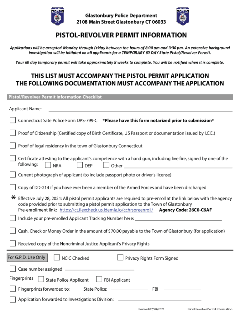 Fillable Online PISTOL-REVOLVER PERMIT INFORMATION - Glastonbury ...