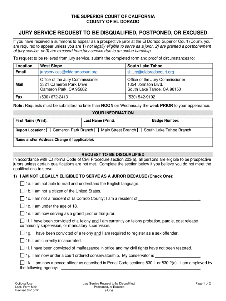 Fillable Online JURY SERVICE REQUEST TO BE DISQUALIFIED, POSTPONED ... Fax Email Print - pdfFiller