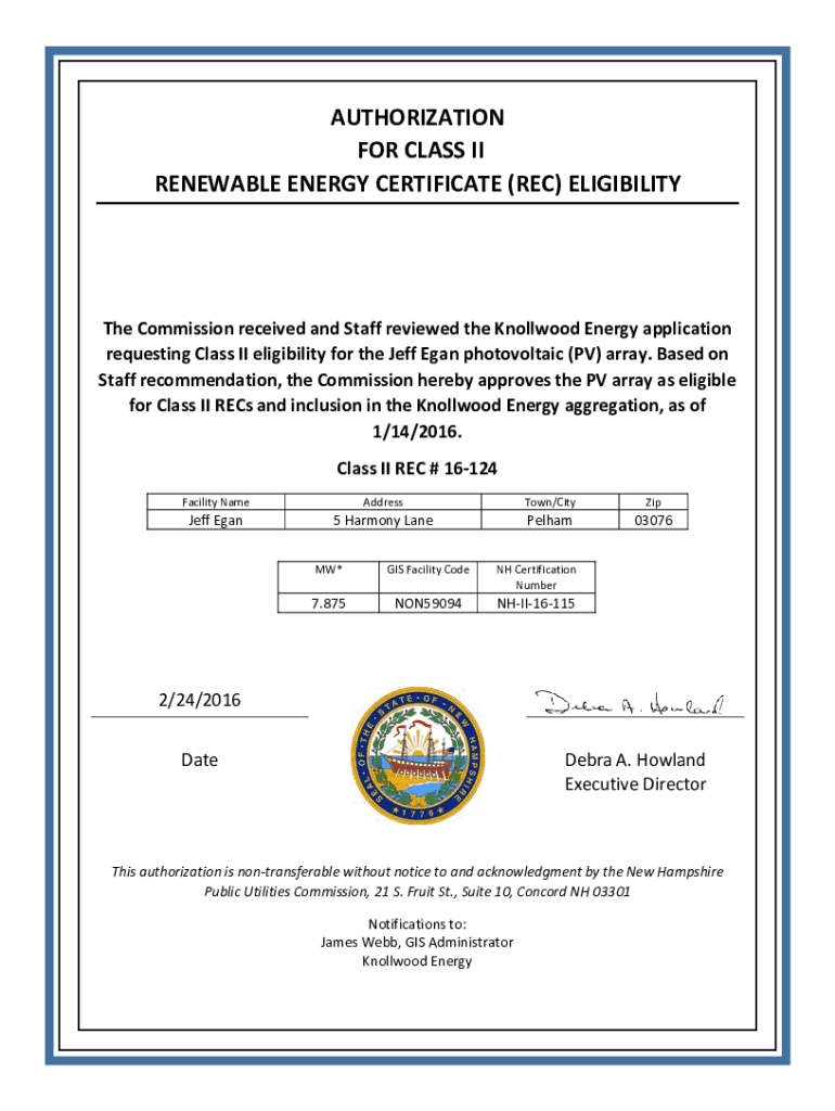 Fillable Online AUTHORIZATION FOR CLASS II RENEWABLE ENERGY CERTIFICATE ...