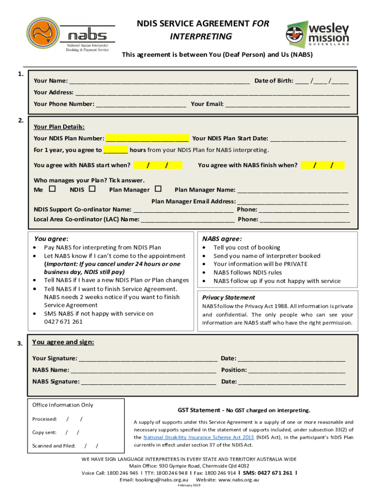 Fillable Online s3-ap-southeast-2.amazonaws.comwh1NDIS SERVICE AGREEMENT FOR INTERPRETING ...