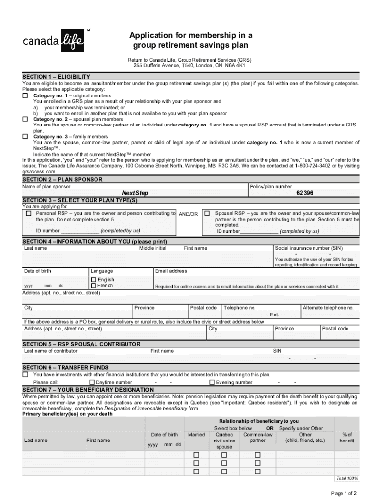 Fillable Online NextStep - Application for membership in a group RRSP ...