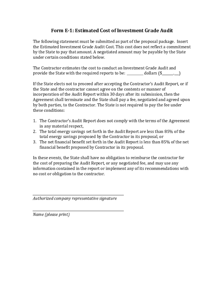 Fillable Online das nh Form E-1: Estimated Cost of Investment Grade ...