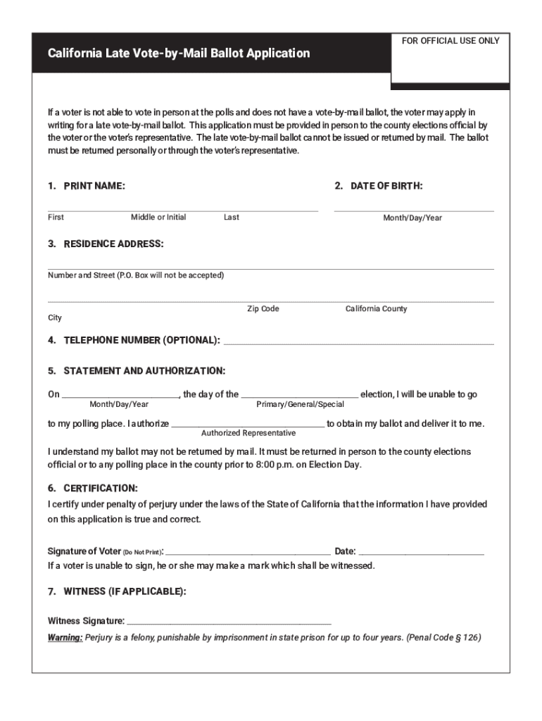 Fillable Online Late Vote by Mail Application. Late Vote by Mail ...