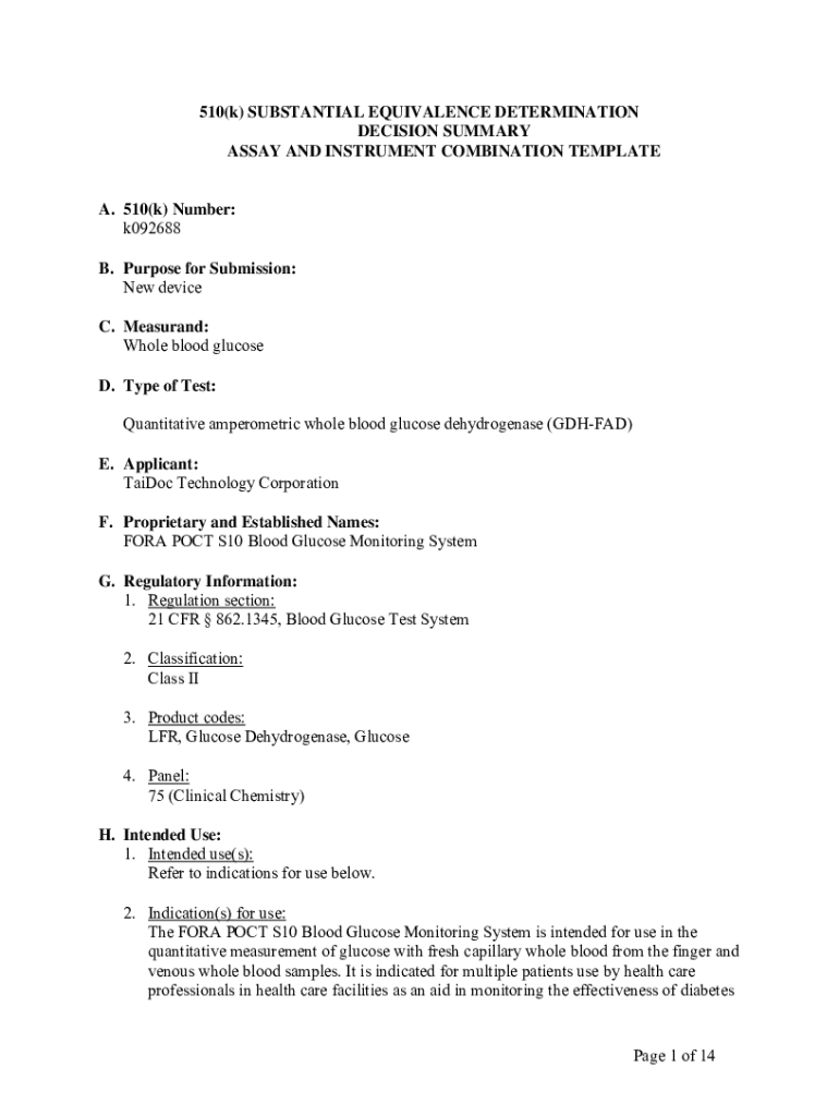 Fillable Online 510(k) SUBSTANTIAL EQUIVALENCE DETERMINATION DECISION ...