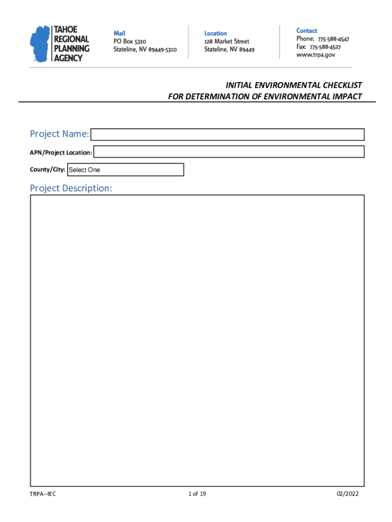 Fillable Online TRPA Initial Environmental Checklist Fillable Form 2022 ...