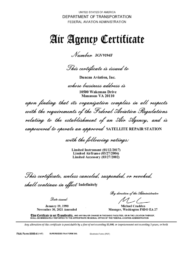 Fillable Online Air Agency Certificate - Duncan Aviation.pdf Fax Email ...