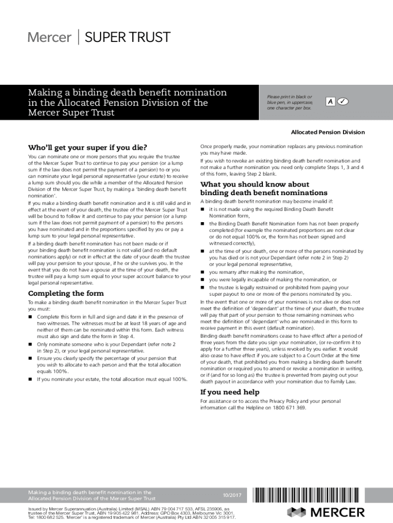 Fillable Online Binding Death Benefit Nomination for Super Members Fax ...