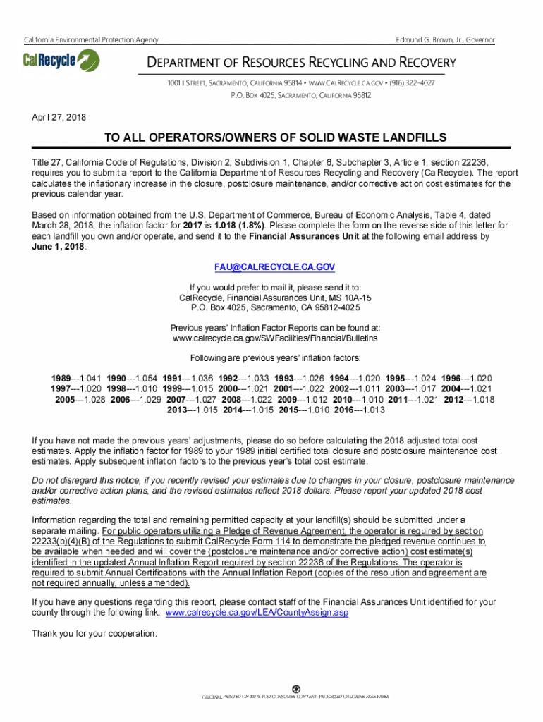 Fillable Online www2 calrecycle ca 2017 Annual Inflation Factor Report ...