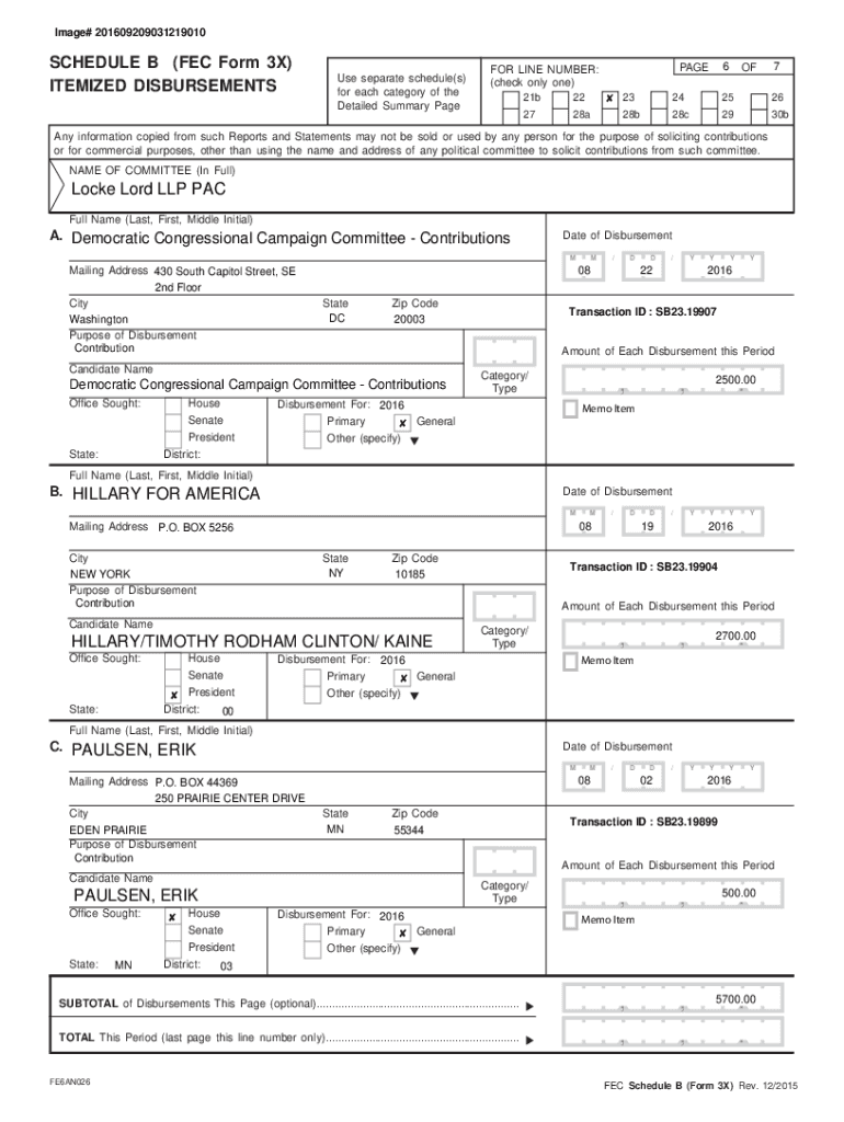 Fillable Online SCHEDULE B (FEC Form 3X) ITEMIZED DISBURSEMENTS Locke ...