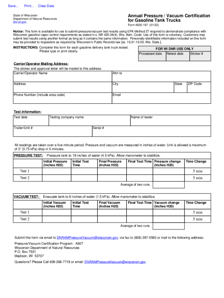 Fillable Online dnr wi Form 4500-197. Annual Pressure / Vacuum Certification for Gasoline Tank ...