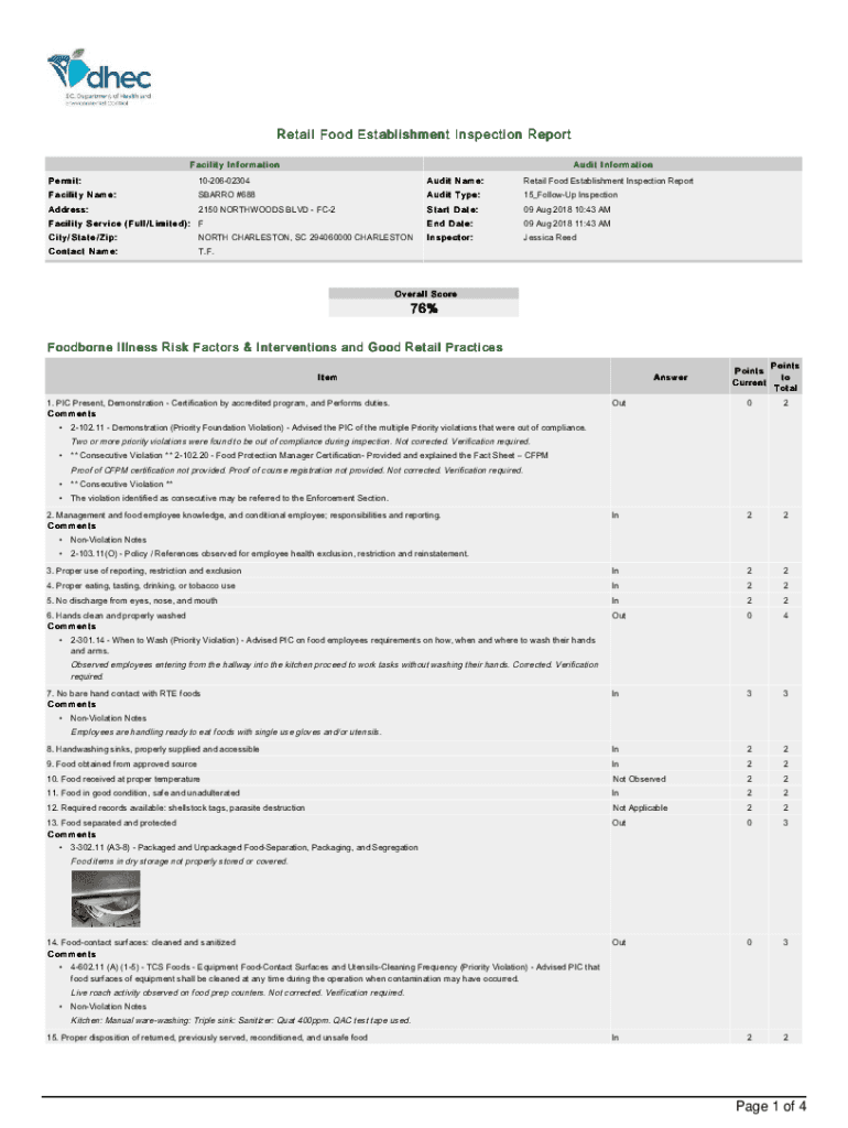 Fillable Online pubdoc dhec sc Retail Food Inspection Reports ...
